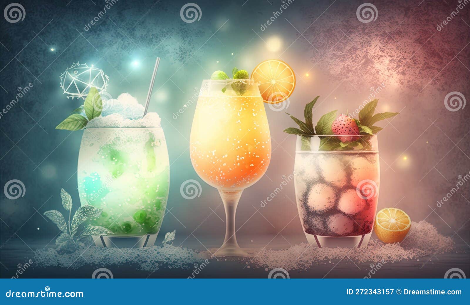 Three Glasses of Different Types of Drinks with Ice and Fruit Stock ...