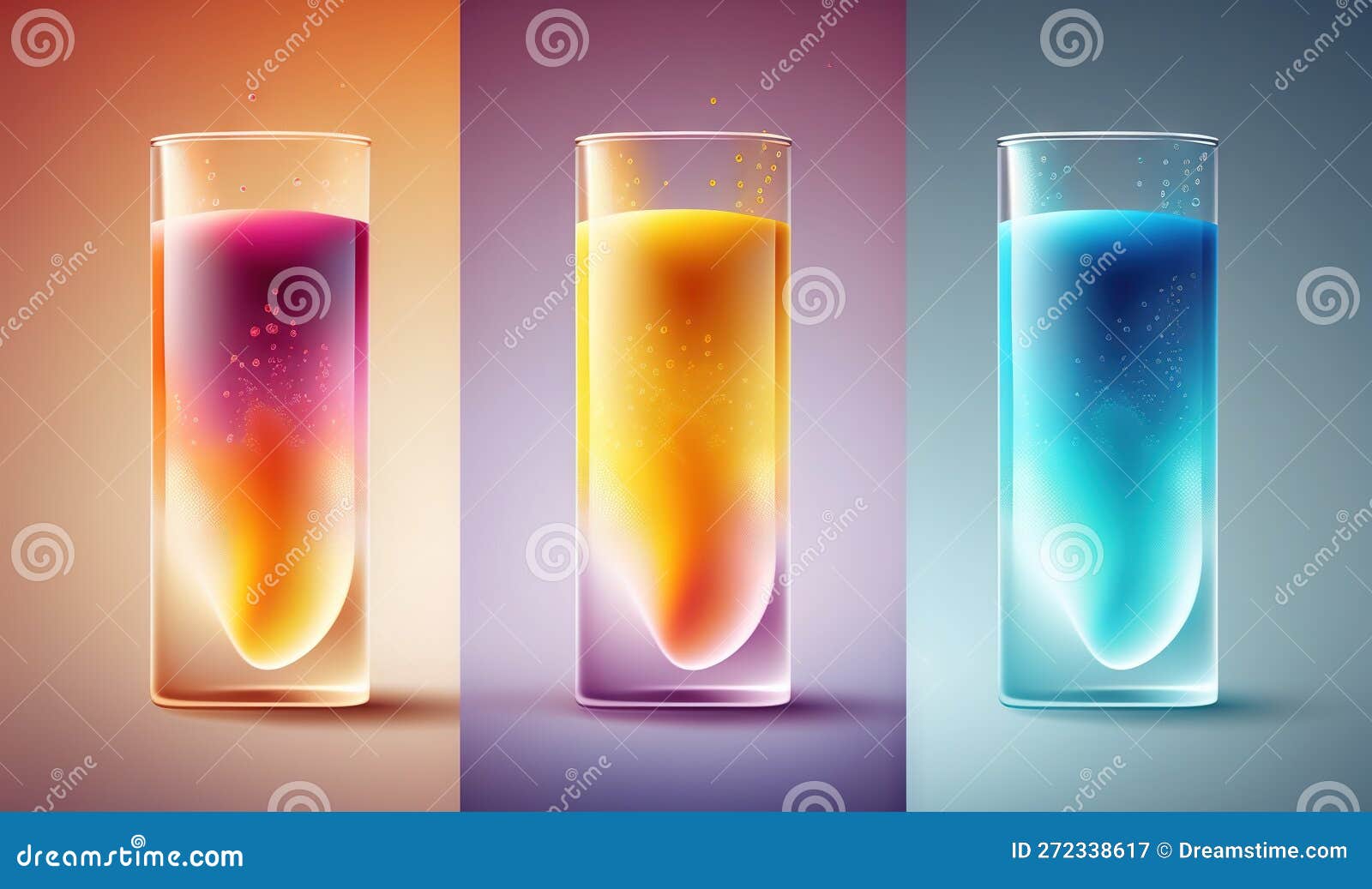 Three Glasses of Liquid with Different Colors and Shapes in Them Stock ...