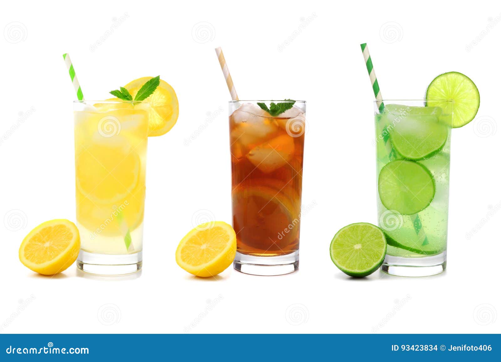 Three Glasses of Summer Lemonade, Iced Tea, and Limeade Drinks Isolated ...