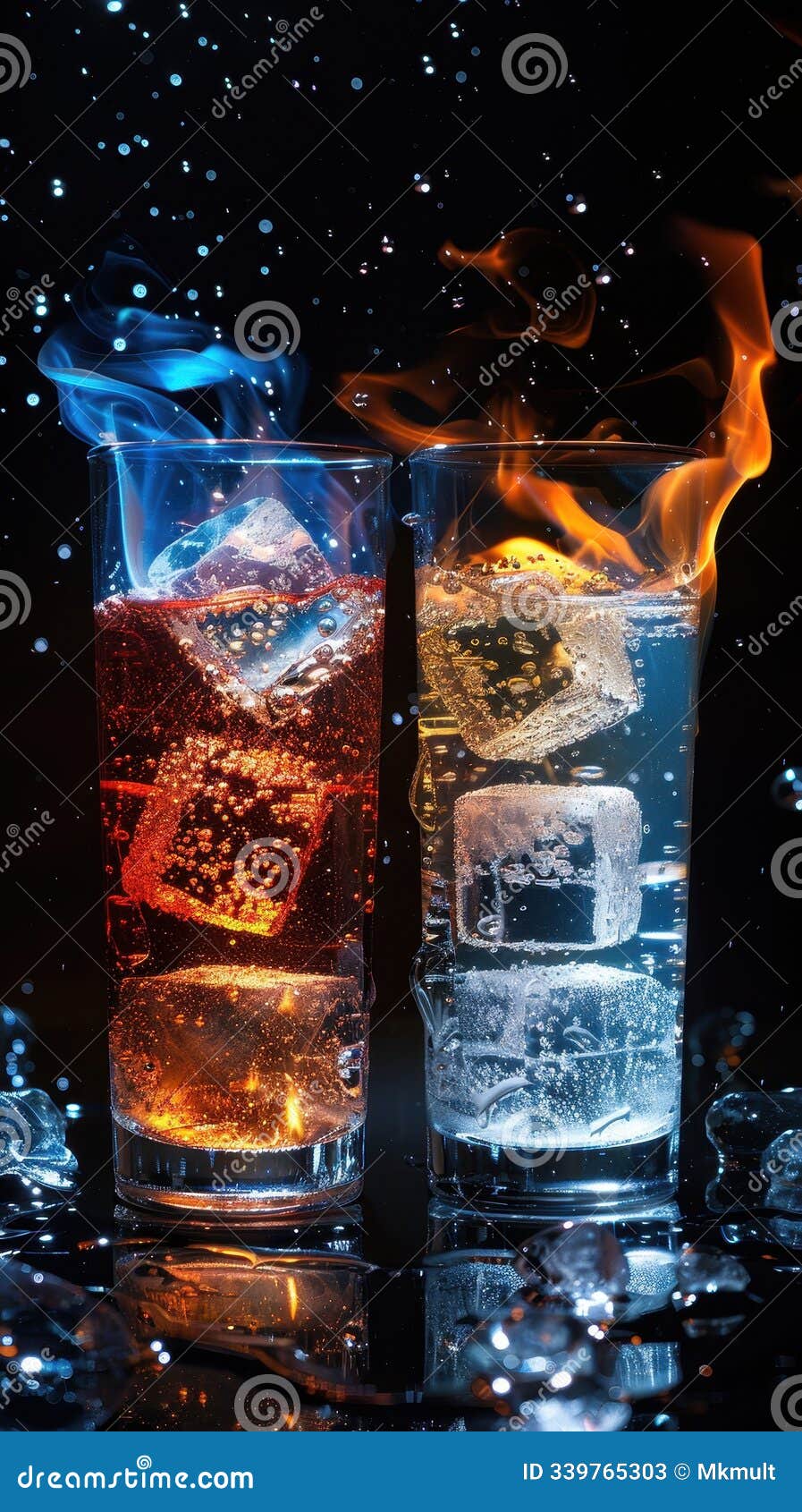 Three Glasses of Water Showcasing Fire and Ice Elements Against a Black ...