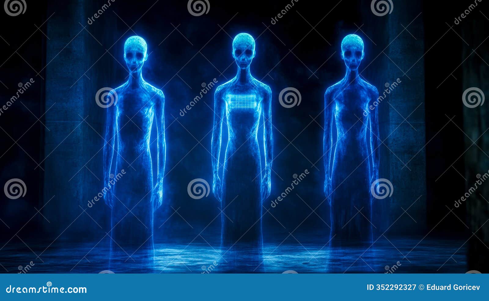 Three Glowing Alien Humanoids Visiting Earth in a Dark Place Stock ...