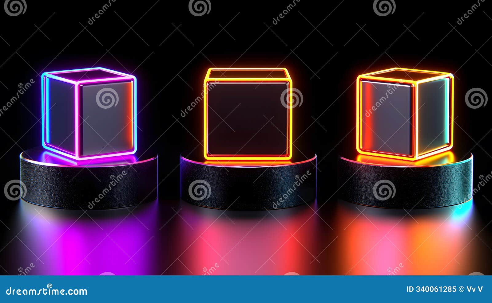 Three Glowing Cubes on Display with Vibrant Colors. Stock Illustration ...
