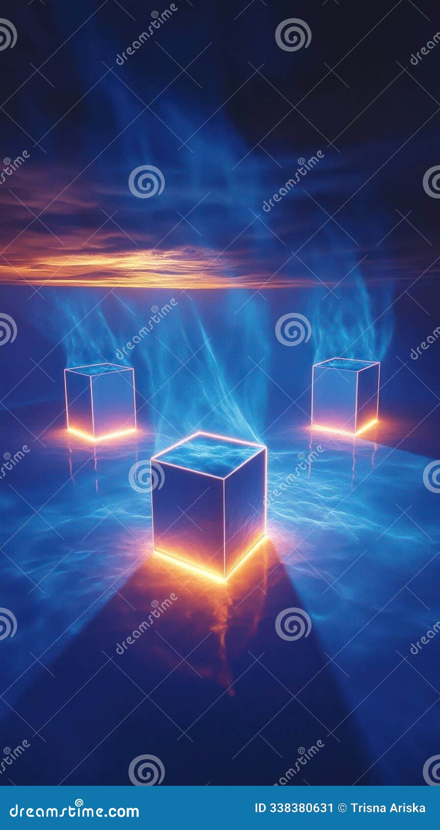 Three Glowing Cubes Emit Ethereal Smoke Over a Reflective Surface at ...