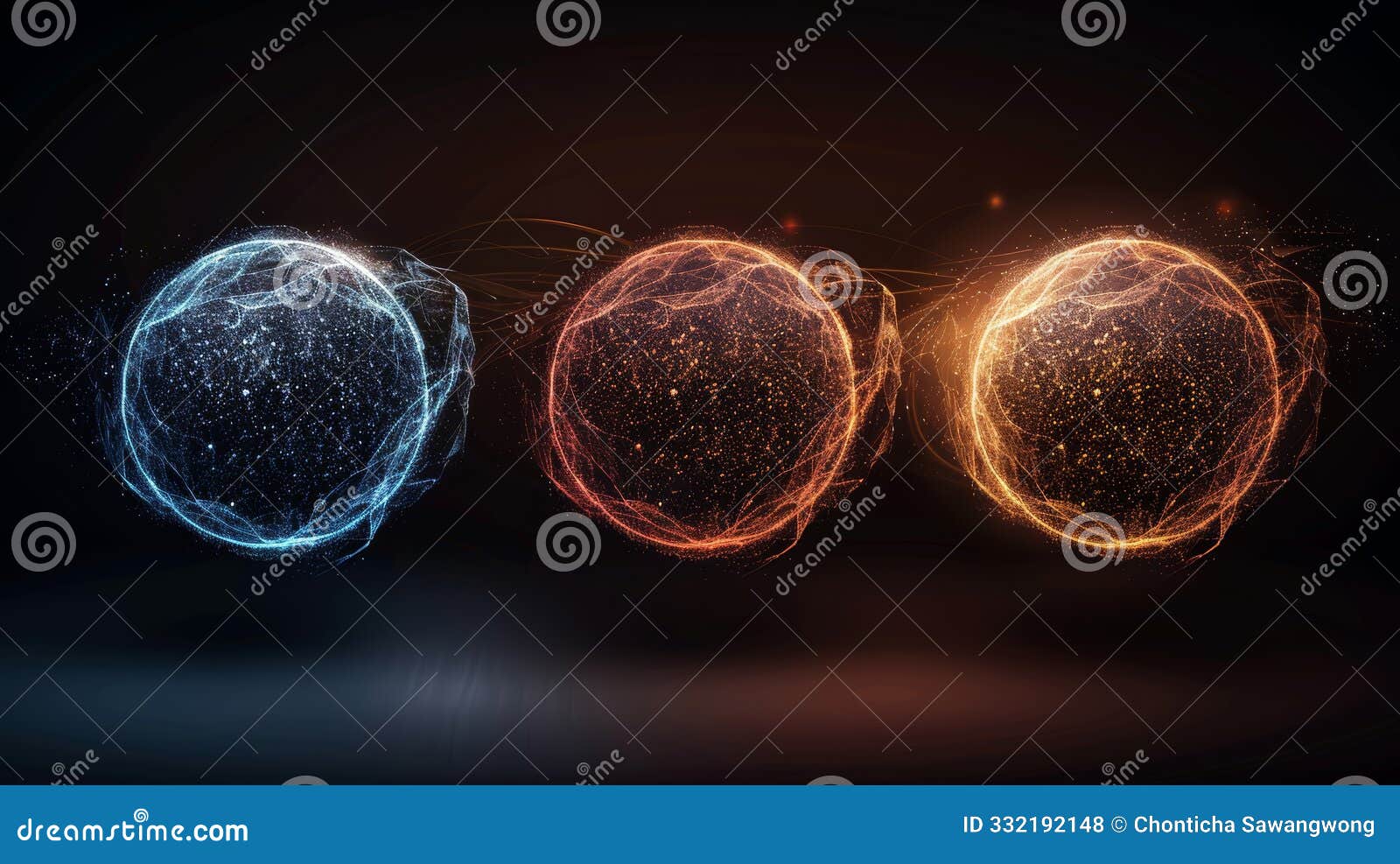 Three Glowing Energy Spheres in Blue, Red, and Orange Hues on a Dark ...