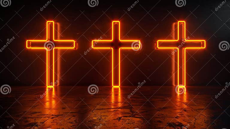 Neon Orange Crosses Glowing Against a Dark Wall in a Dimly Lit Room ...