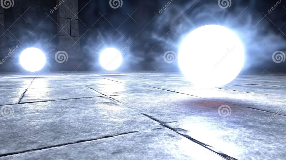 Three Glowing Orbs on a Textured Surface in a Dimly Lit Environment ...