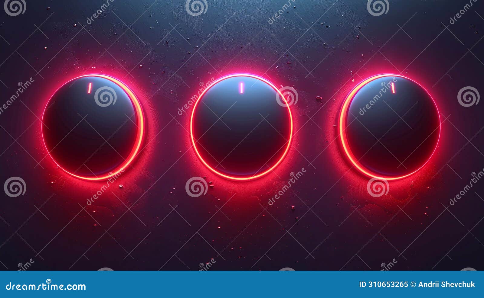 Three Glowing Red Neon Buttons on Dark Background, Illustration Stock ...
