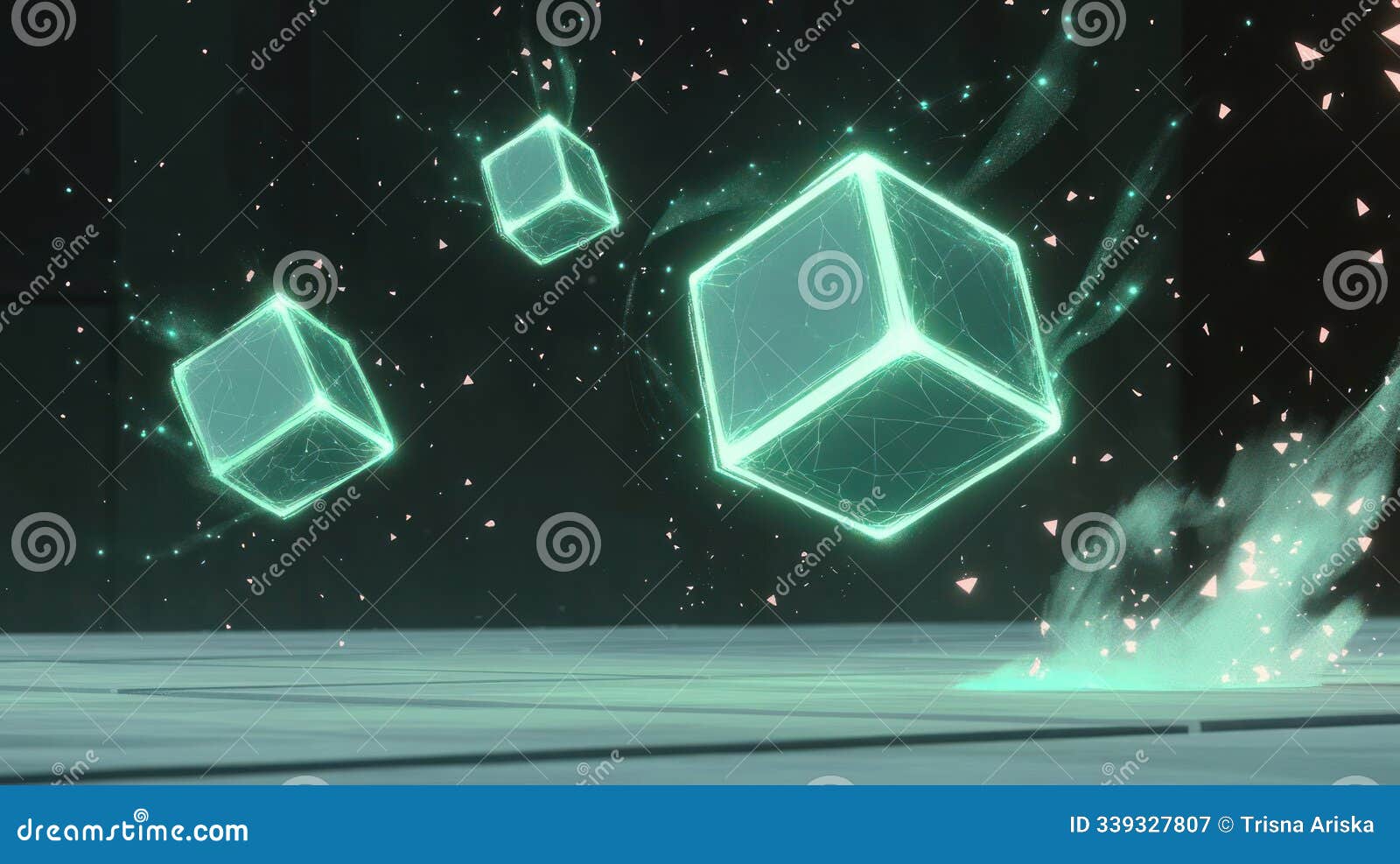 Three Glowing, Transparent Cubes Floating in a Dark Space with Ethereal ...