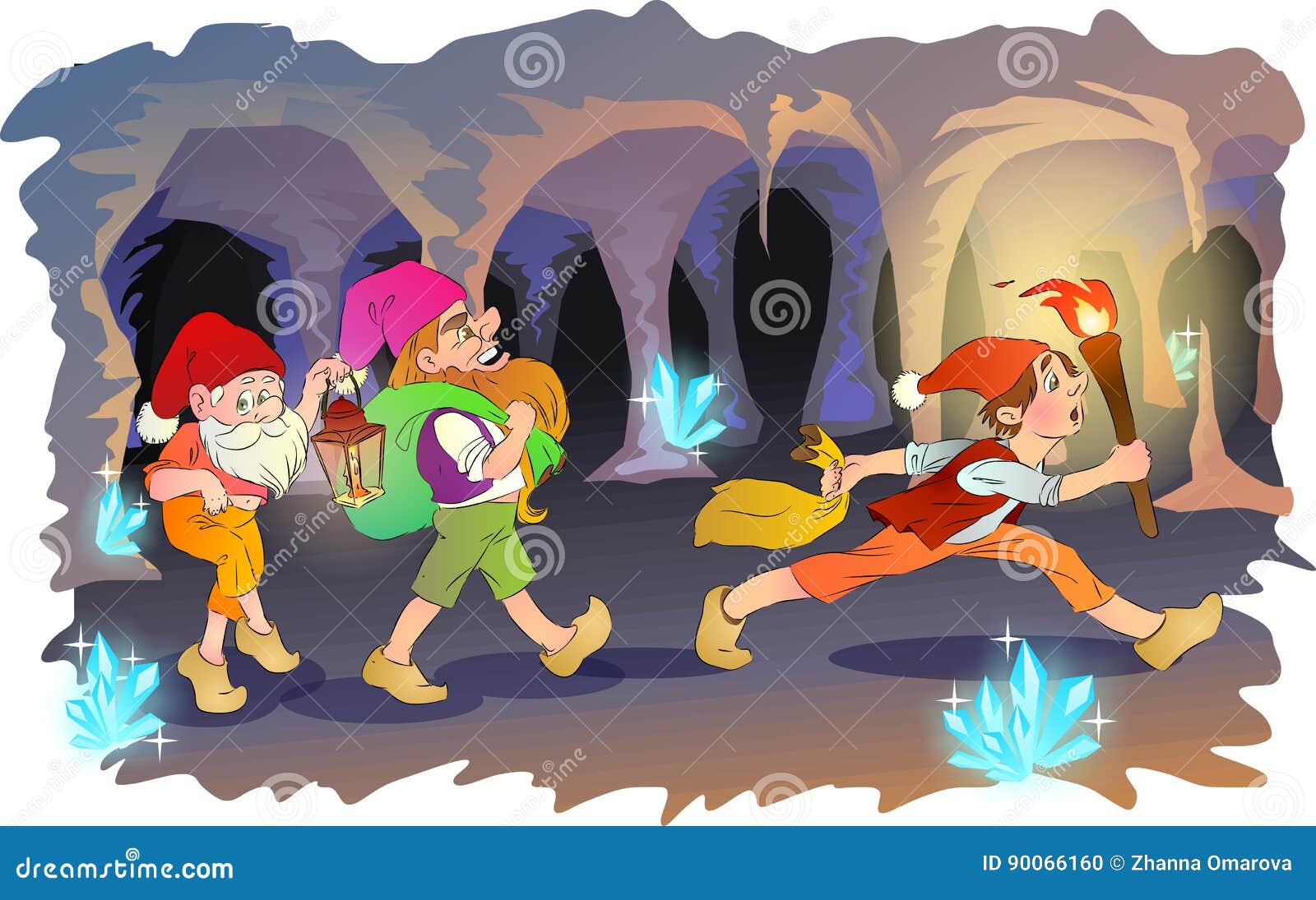 Three gnome in a cave stock illustration. Illustration of young - 90066160