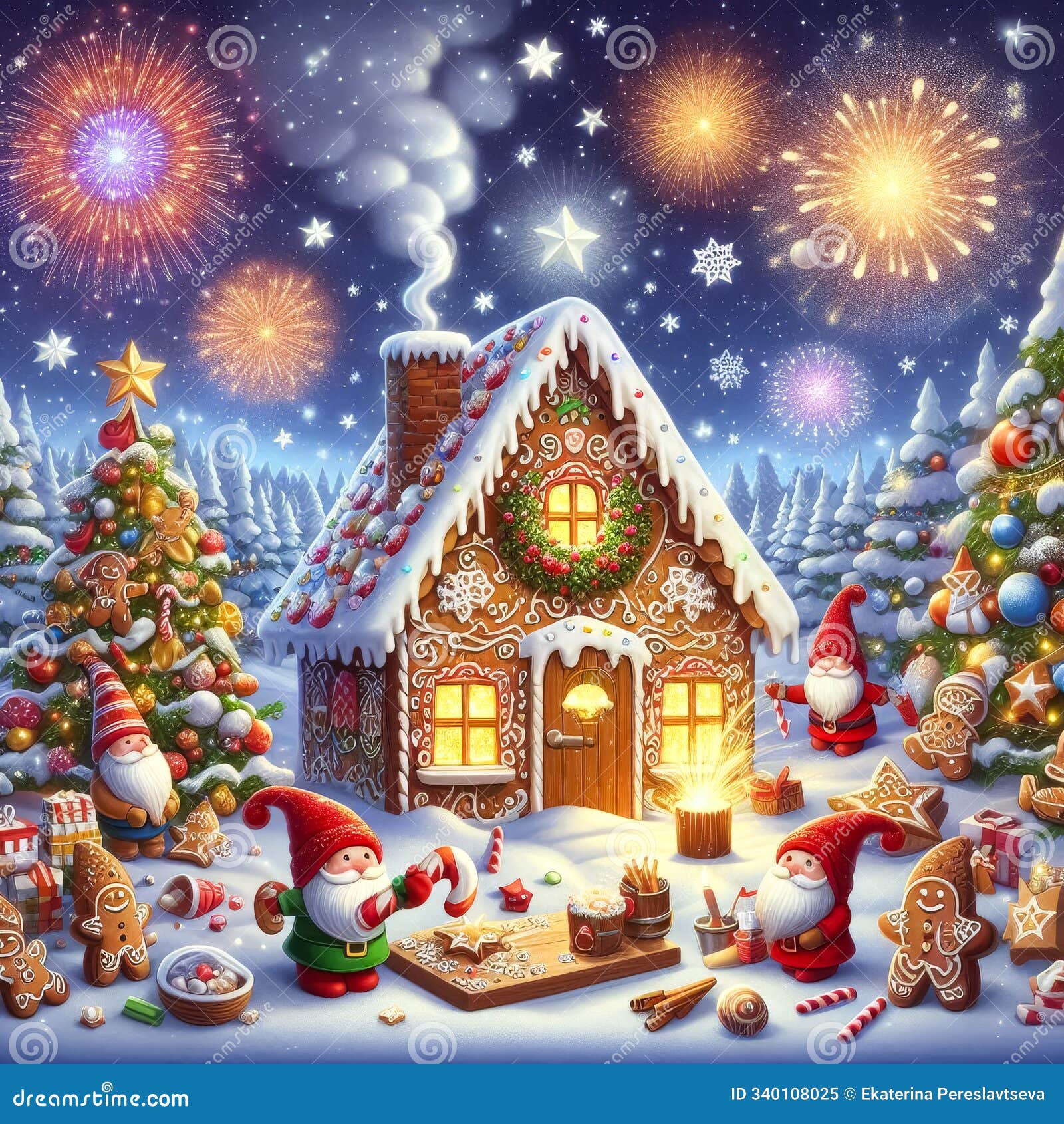 Three Gnomes are Standing in Front of a Gingerbread House Stock Image ...