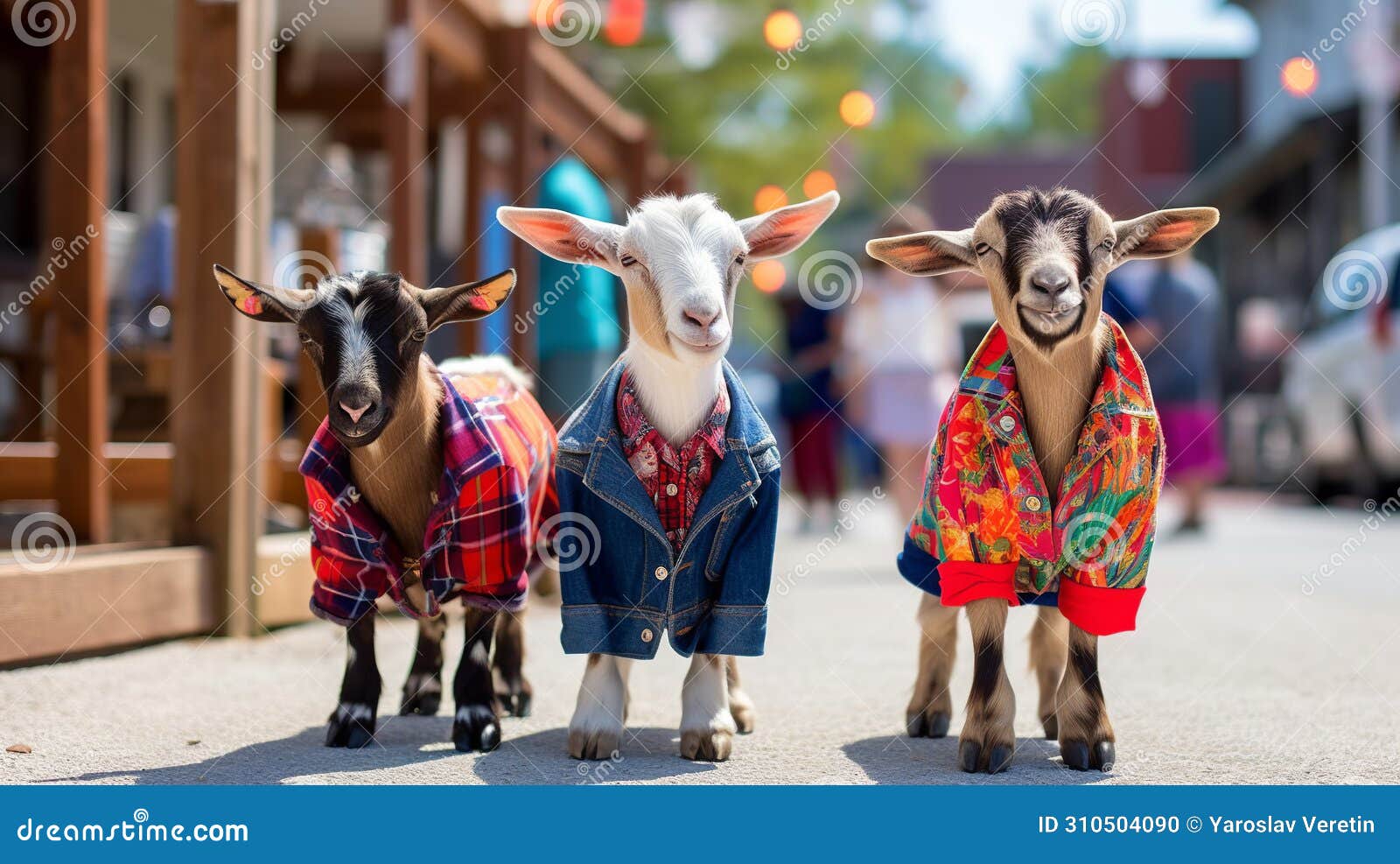 Three Goats Outfitted in Jackets Wandering the Streets of a City Stock ...