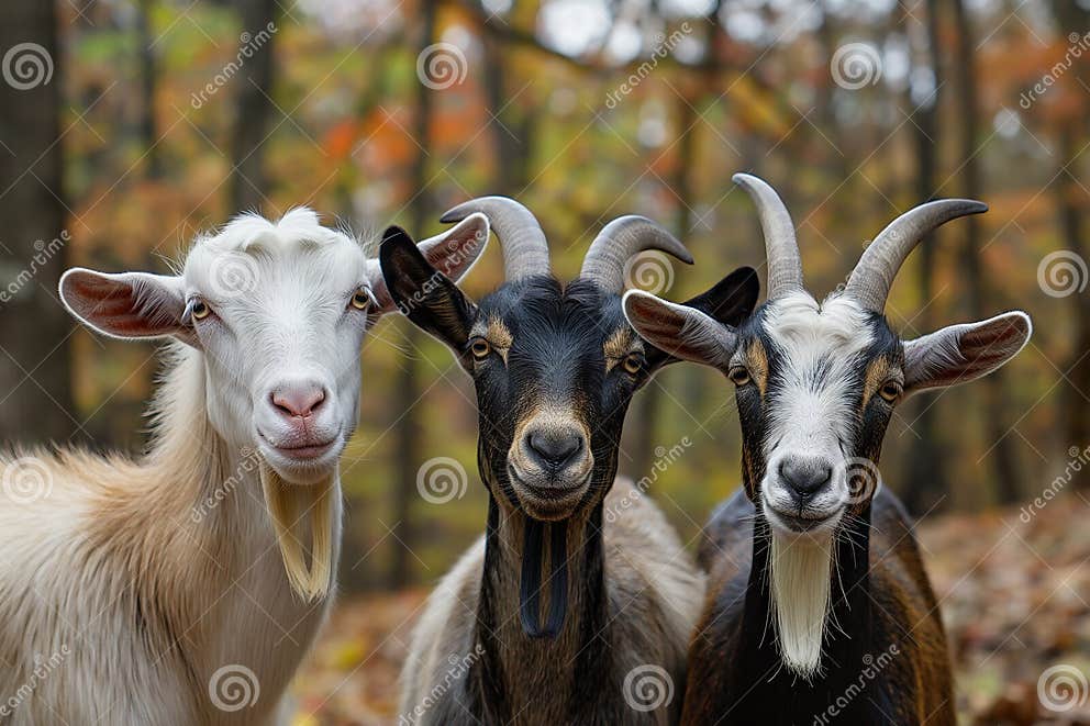 Three Goats, Three Young Goats in Autumn in the Forest, Generative Ai ...