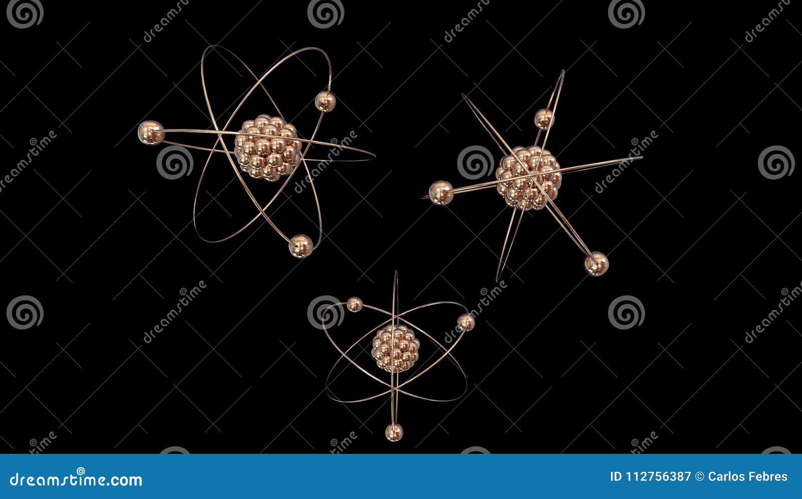Three Gold Atomos, 3d Illustration Stock Illustration - Illustration of ...