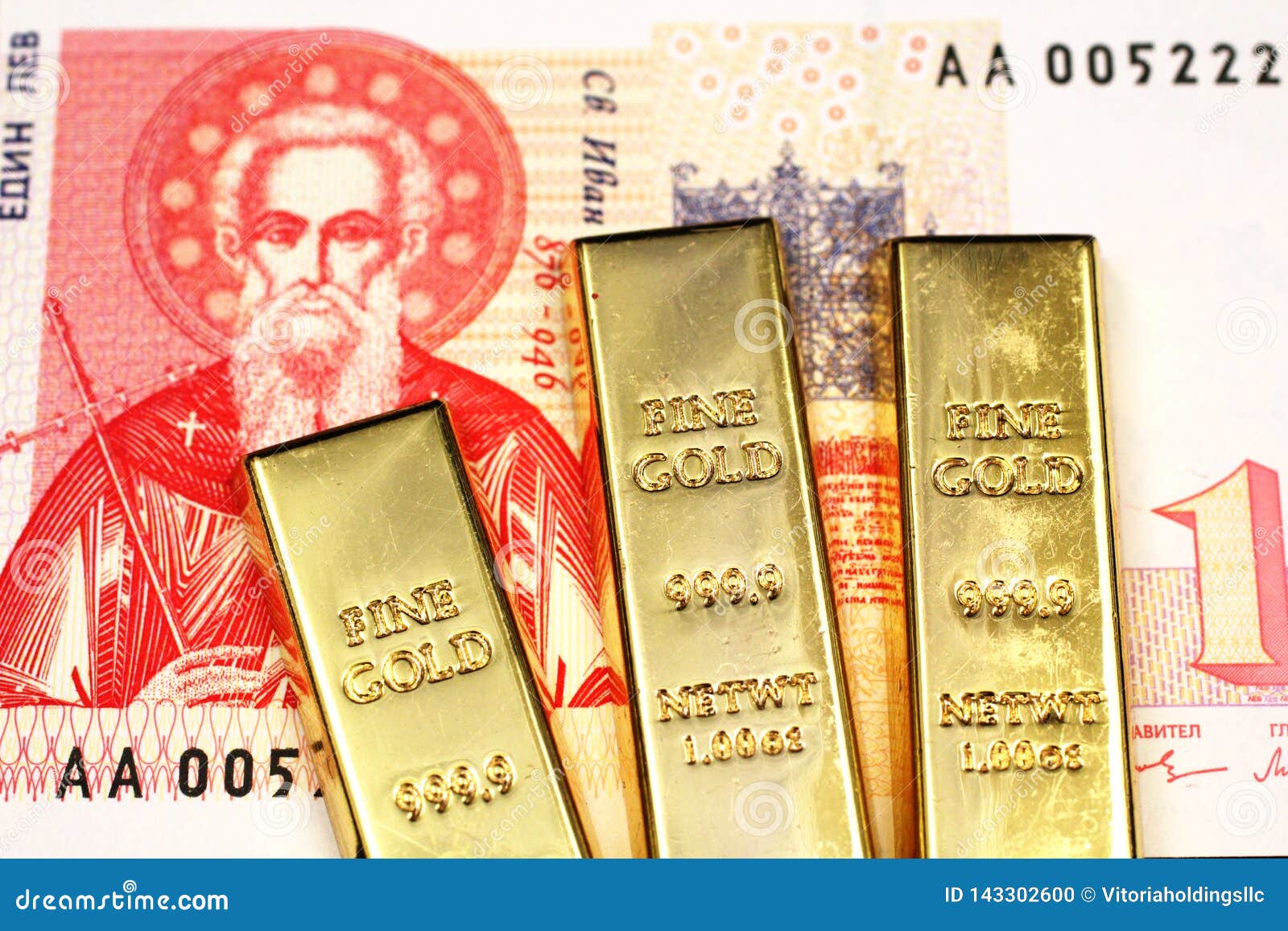 Three Gold Bars in Macro with a Bulgarian Lev Bill Stock Photo - Image ...