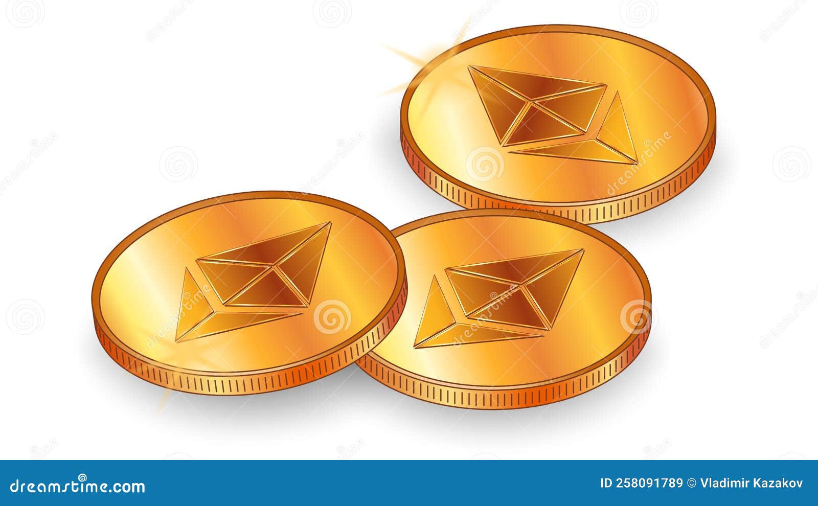 Three Gold Coins Ethereum ETH with Shadow in Isometric View Isolated on ...