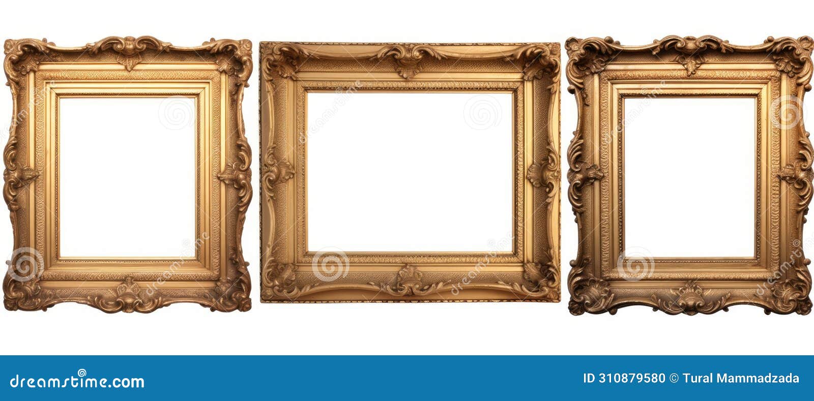 Three Gold Wooden Picture Frames in a Row on White Background Stock ...