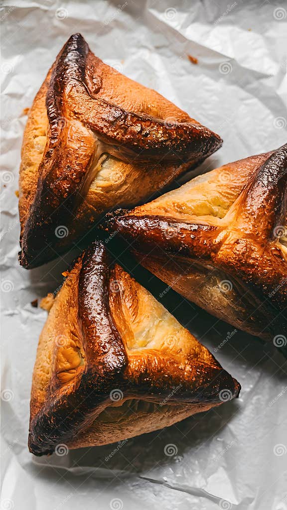 Three Golden Brown Triangular Pastries on White Surface, Inviting with ...