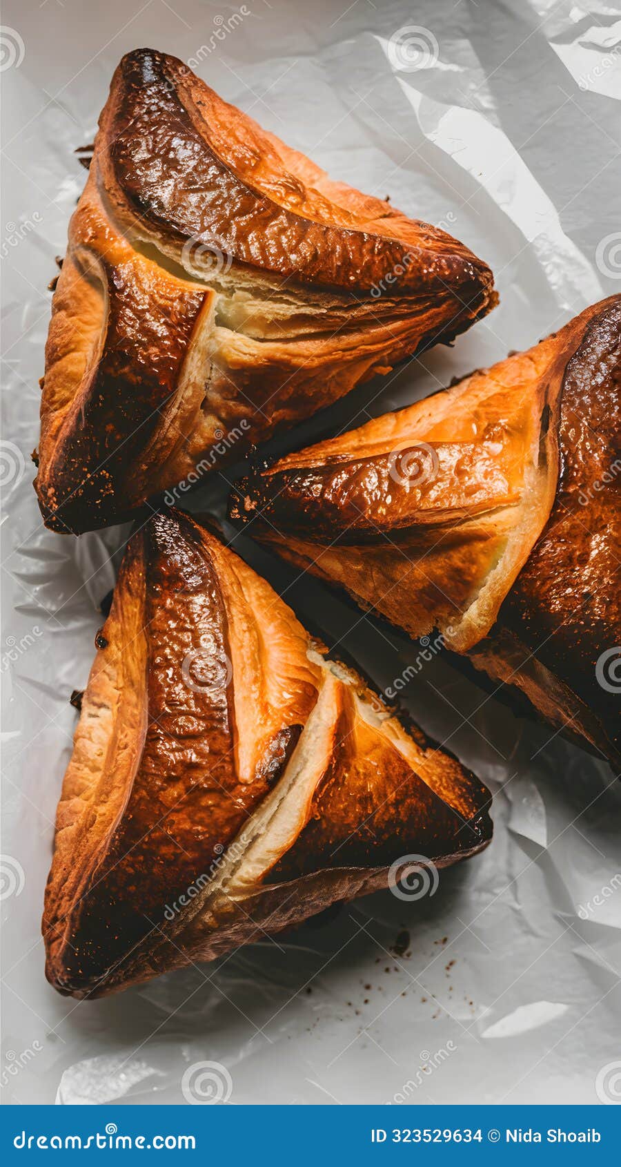 Three Golden Brown Triangular Pastries on White Surface, Inviting with ...