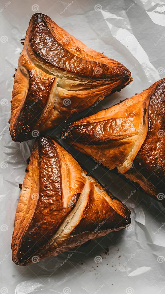 Three Golden Brown Triangular Pastries on White Surface, Inviting with ...