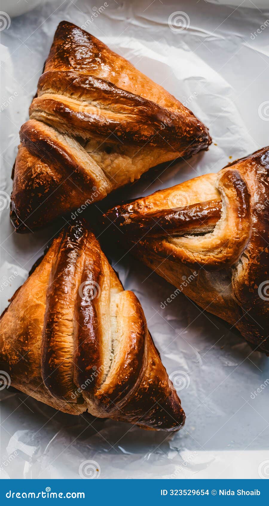 Three Golden Brown Triangular Pastries on White Surface, Inviting with ...
