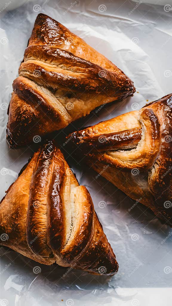 Three Golden Brown Triangular Pastries on White Surface, Inviting with ...