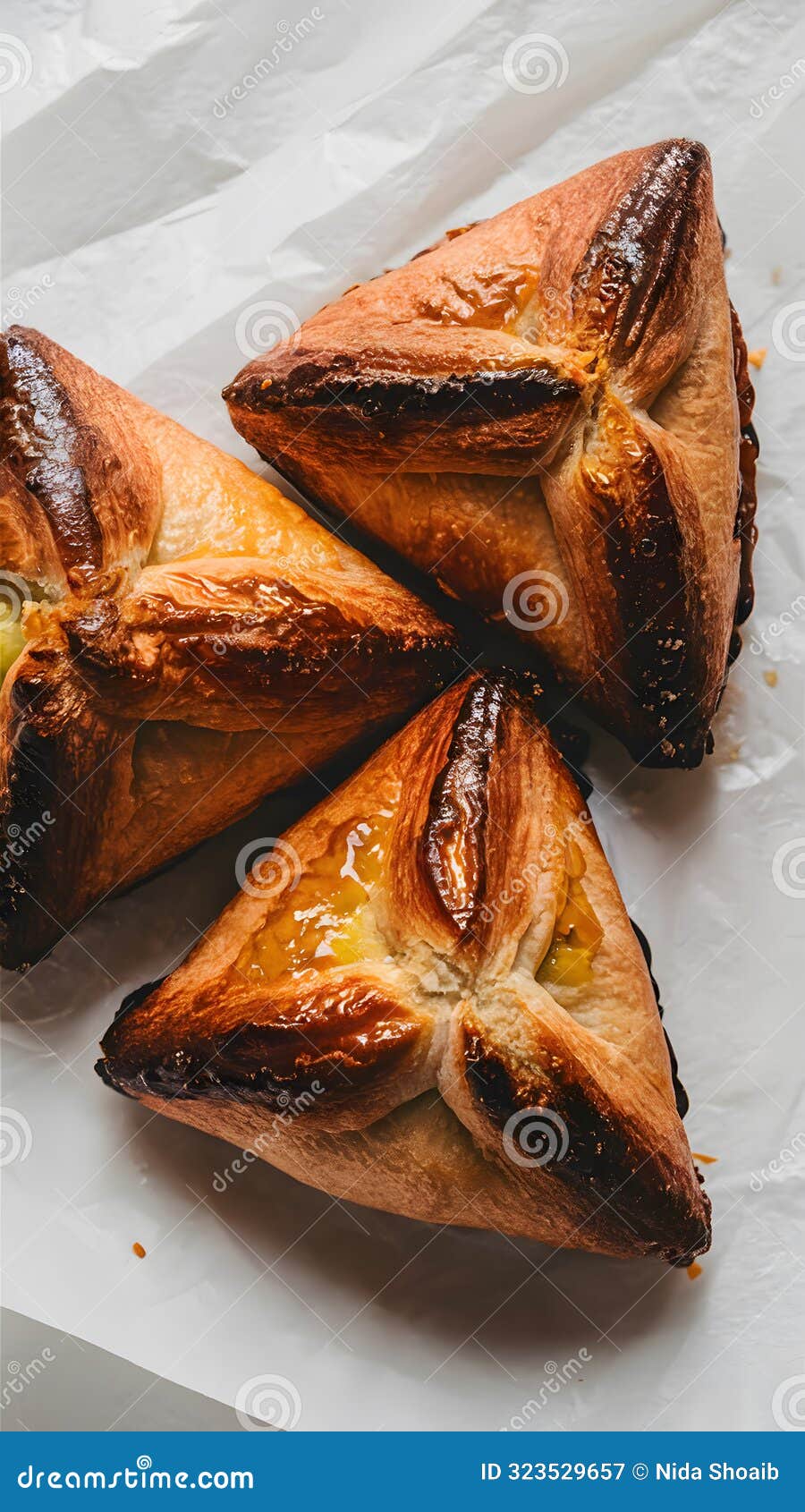 Three Golden Brown Triangular Pastries on White Surface, Inviting with ...