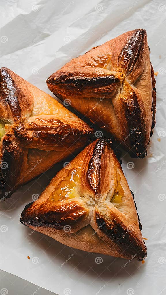 Three Golden Brown Triangular Pastries on White Surface, Inviting with ...