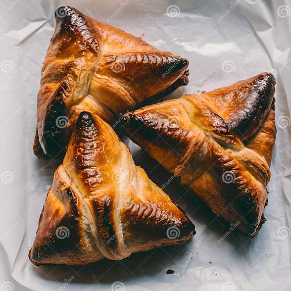 Three Golden Brown Triangular Pastries on White Surface, Inviting with ...