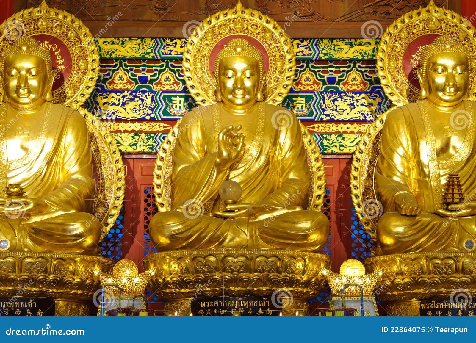 Three Golden Buddha Statue stock image. Image of china - 22864075