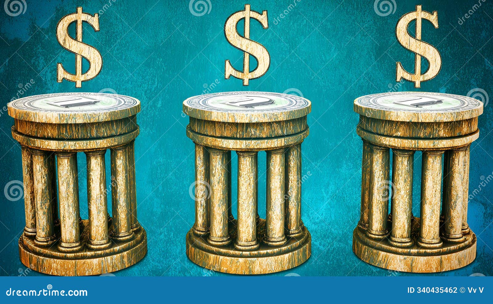Three Golden Columns with Dollar Signs on Top. Stock Photo - Image of ...