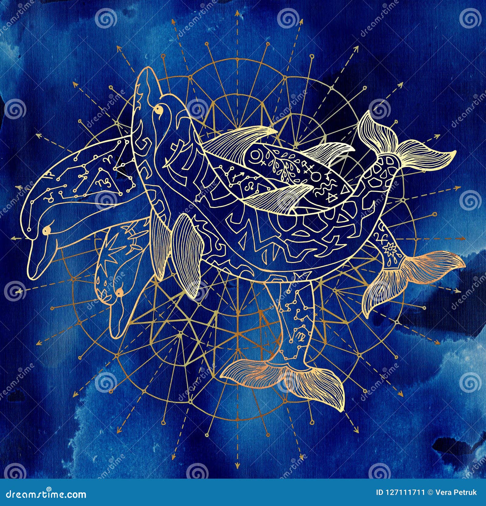 Three Golden Dolphins and Round Circle Pattern on Blue Background Stock ...