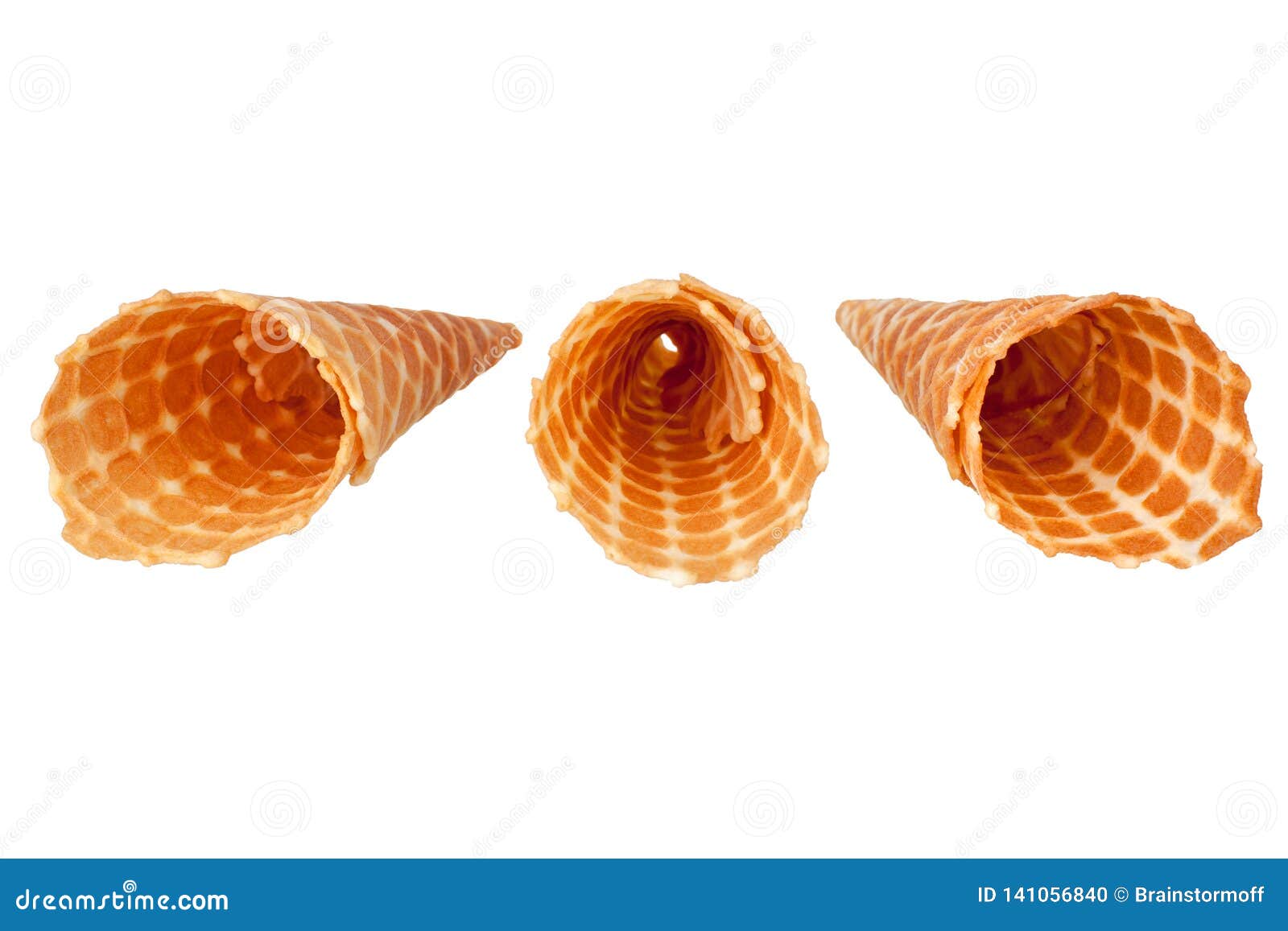 Three Golden Empty Crispy Ice Cream Waffle Cones On White Background