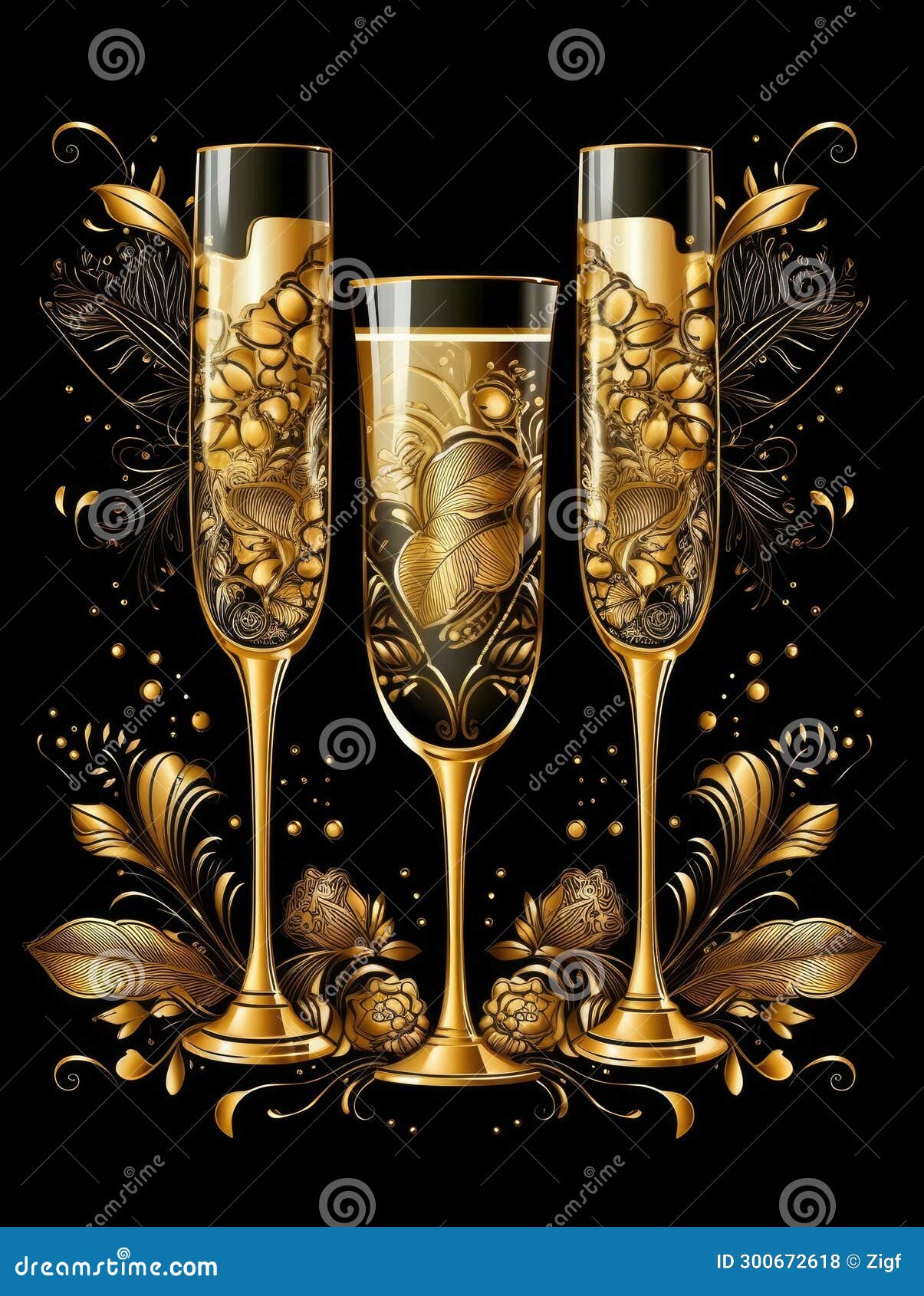 Three Golden Goblets, Each with Different Design. they are Placed on Left Side of Frame and Have ...