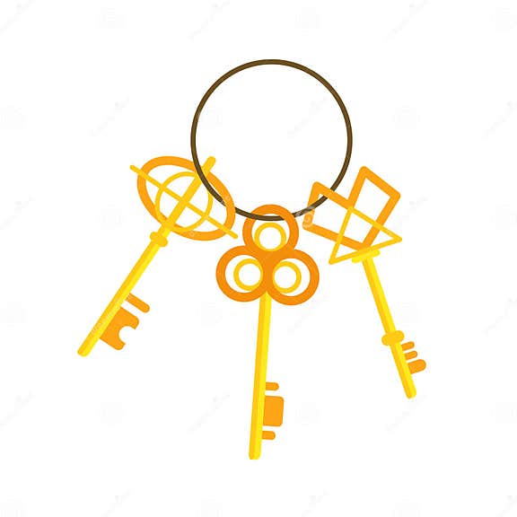 Three Golden Keys Hanging on Ring on White Background Stock ...
