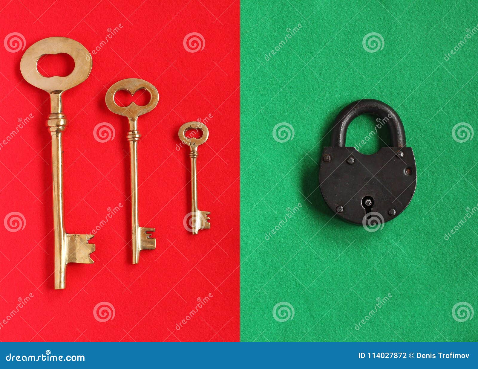 Three Golden Keys on Red Felt and Close Padlock on Green Felt Stock ...