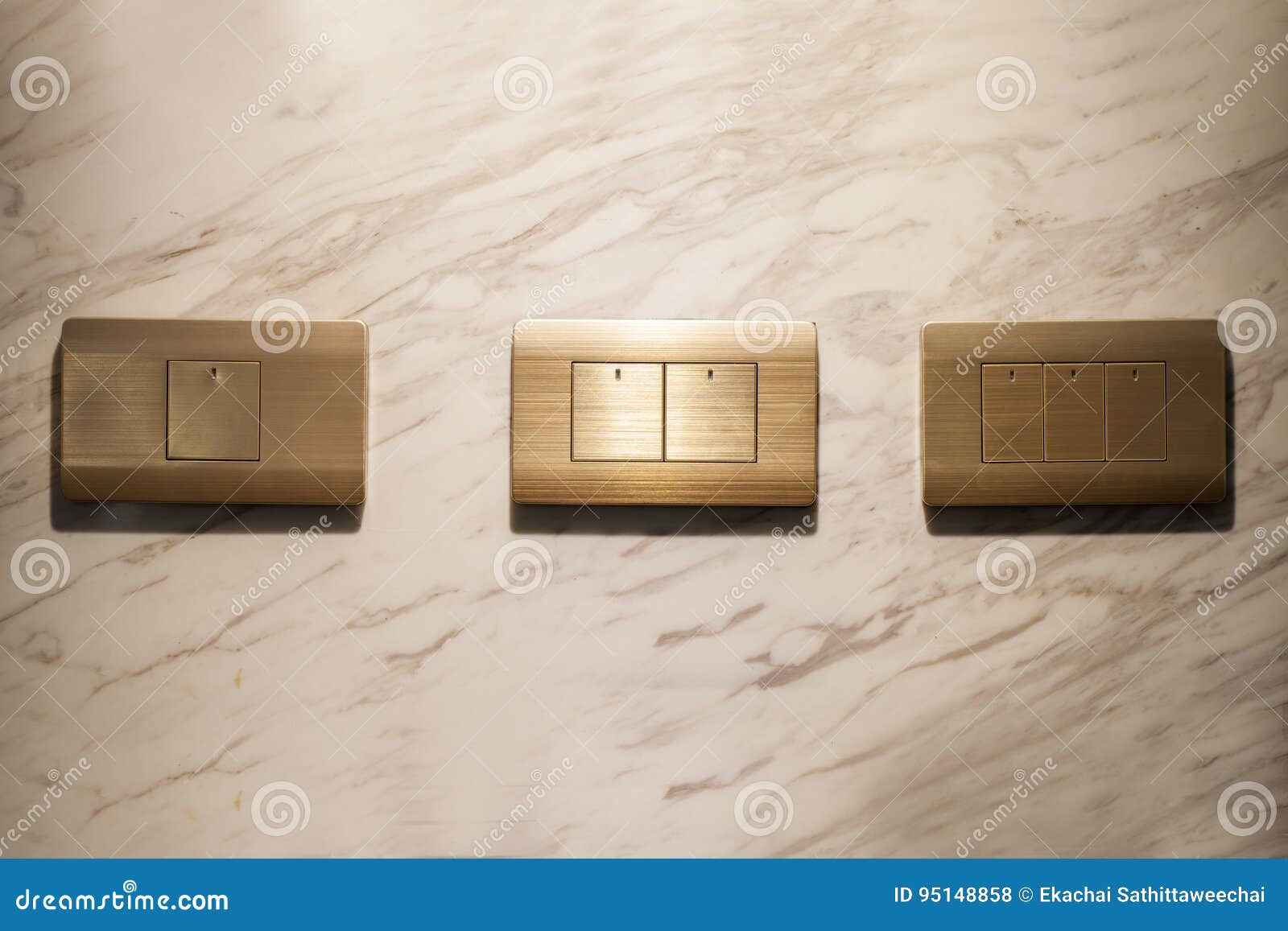 Three Golden Lighting Switchs on Wall, on and Off Stock Photo - Image ...