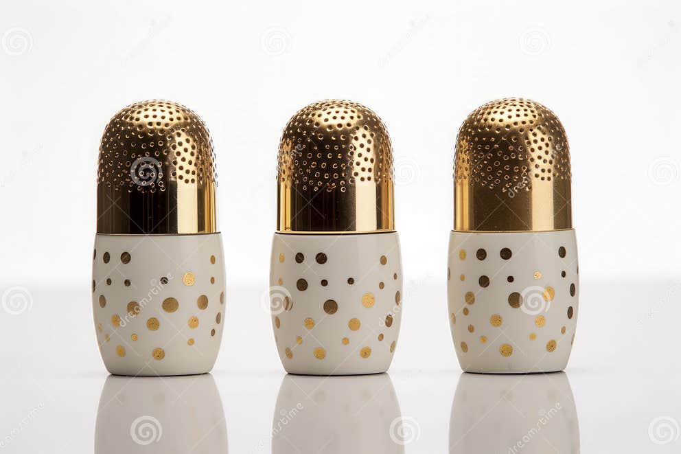 Three Golden Thimbles with White Bases, Adorned with Various Sized ...