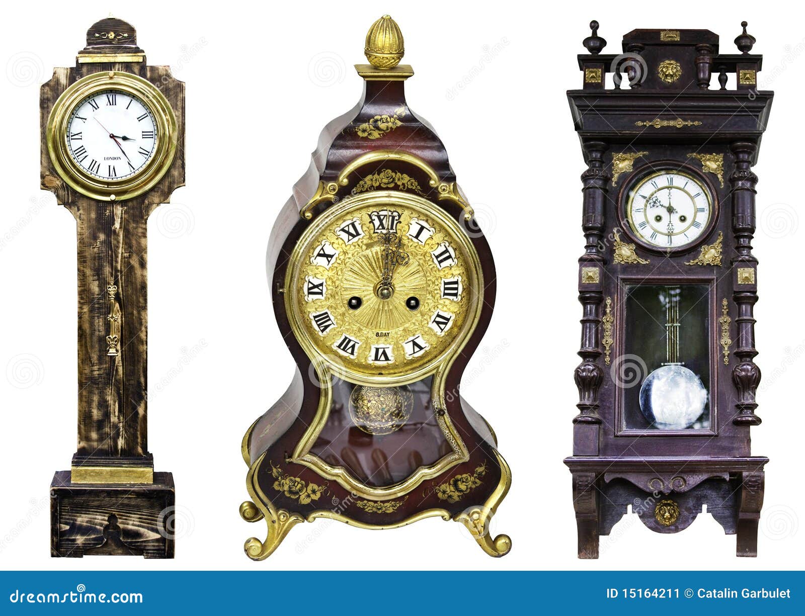Three Golden Vintage Clocks Isolated Stock Image - Image of white ...
