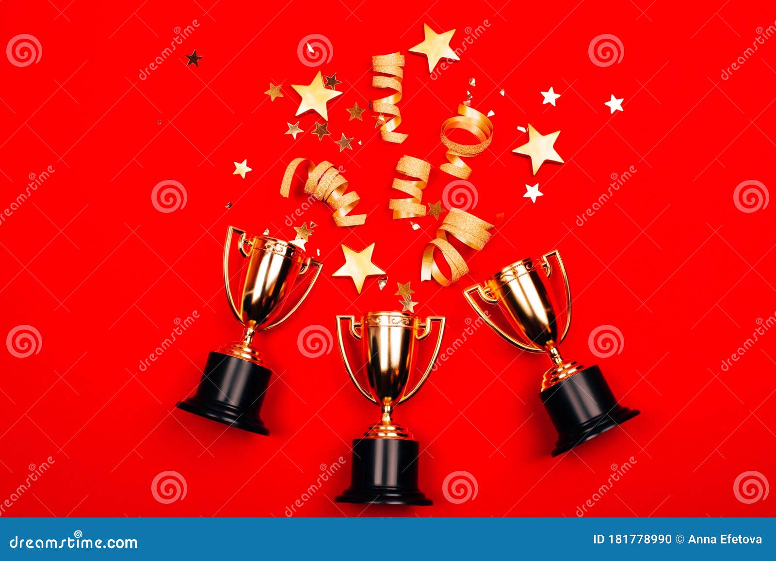 Three golden winner cups stock photo. Image of celebration - 181778990