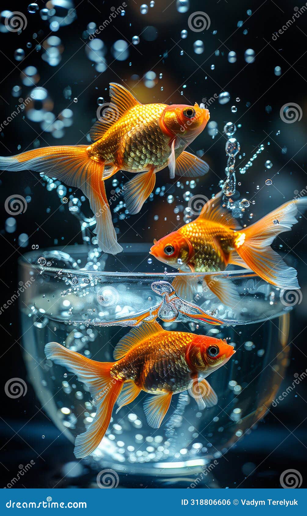 Three Goldfish in Bowl with Bubbles Stock Photo - Image of freshwater ...