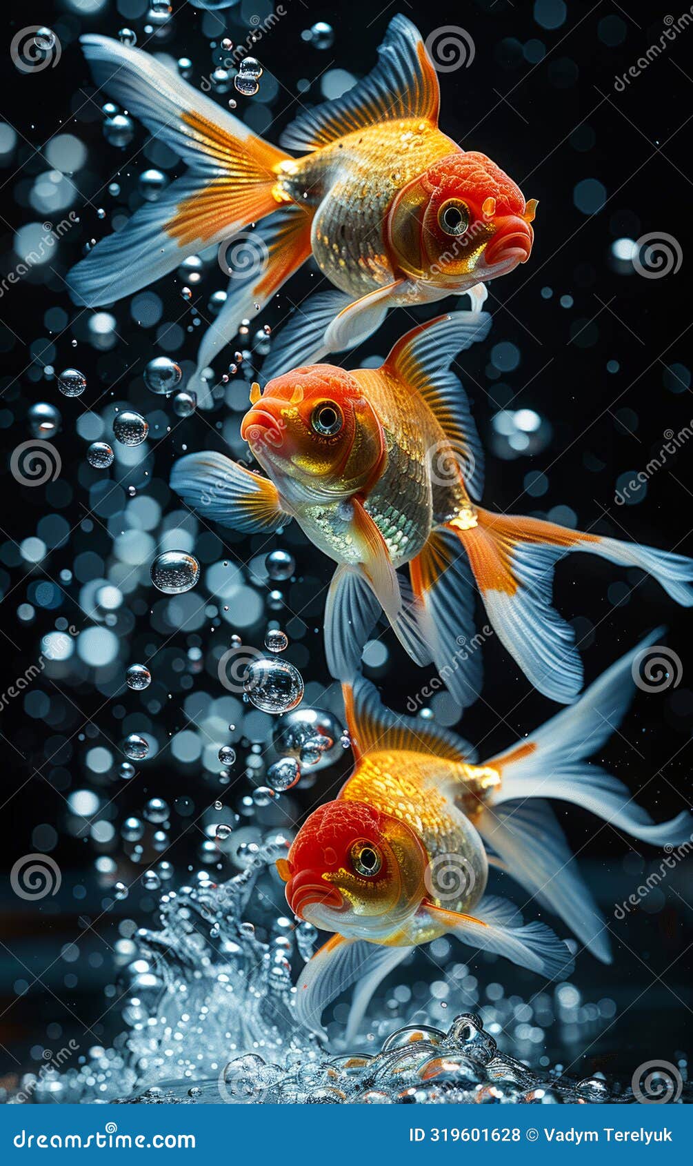 Three Goldfish Swim in the Water Stock Photo - Image of wildlife, black ...
