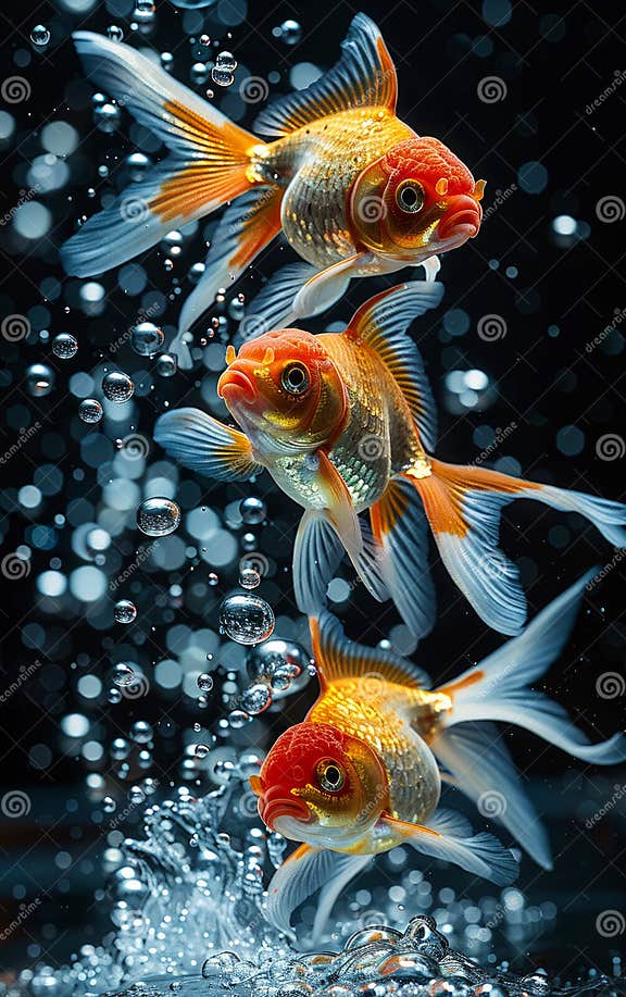 Three Goldfish Swim in the Water Stock Photo - Image of wildlife, black ...