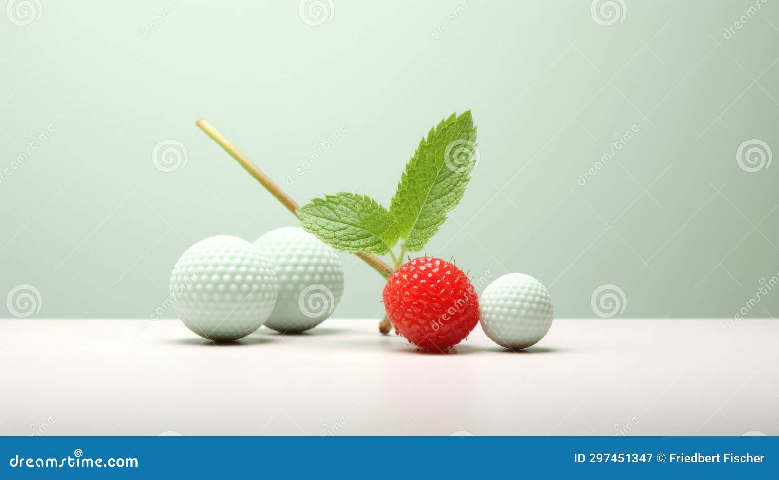 Three Golf Balls and a Leaf on a Table, Surreal Fruits and Glass ...