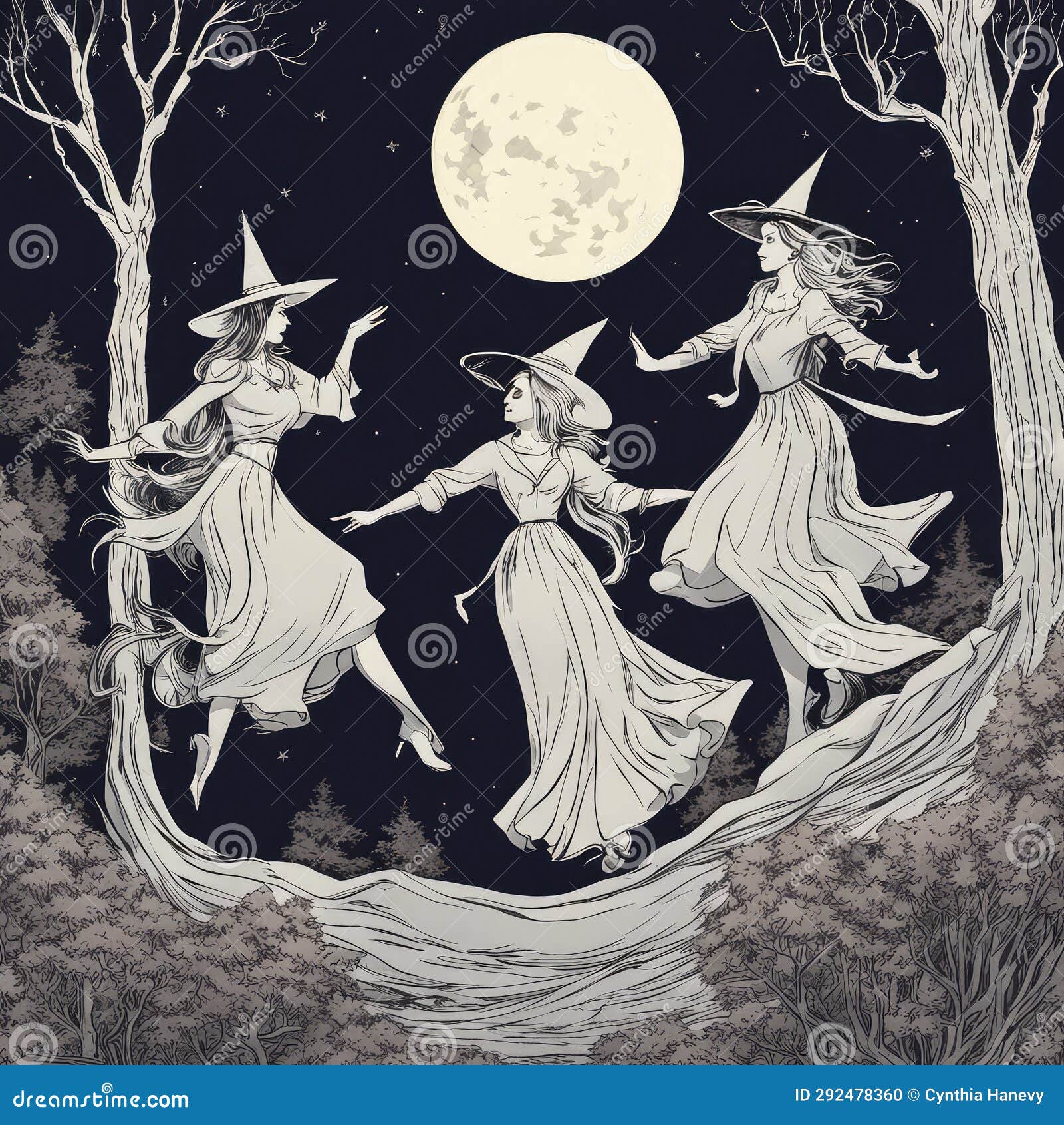 Three Witches Dancing Under the Full Moon. Stock Illustration ...