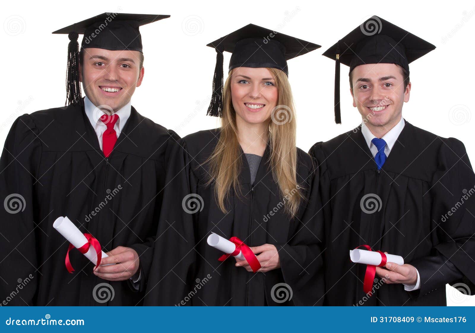Three Graduates with Scrolls Smiling and Isolated on White Stock Image ...