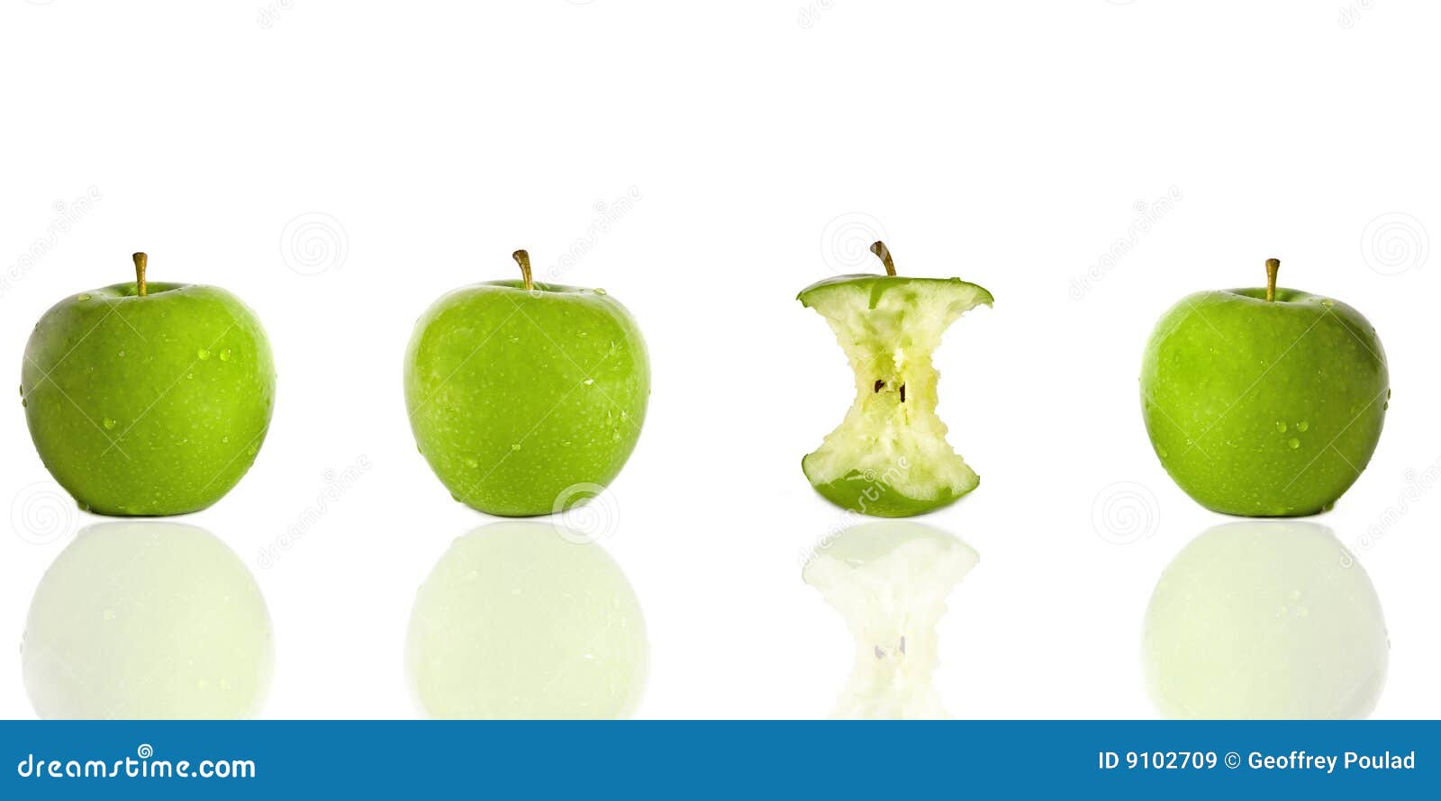 Three Green Apples and One Apple Core Stock Image - Image of bite ...