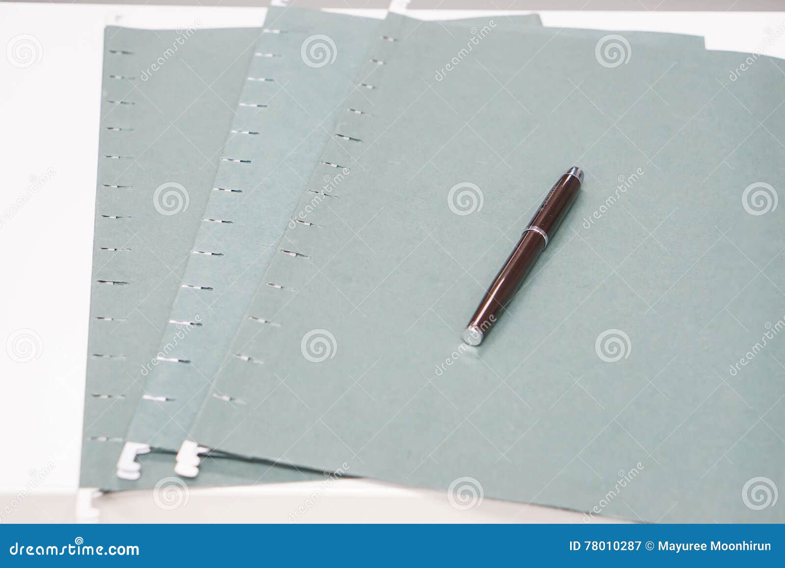 Three Green Business Files with a Pen Stock Image - Image of hand, data ...