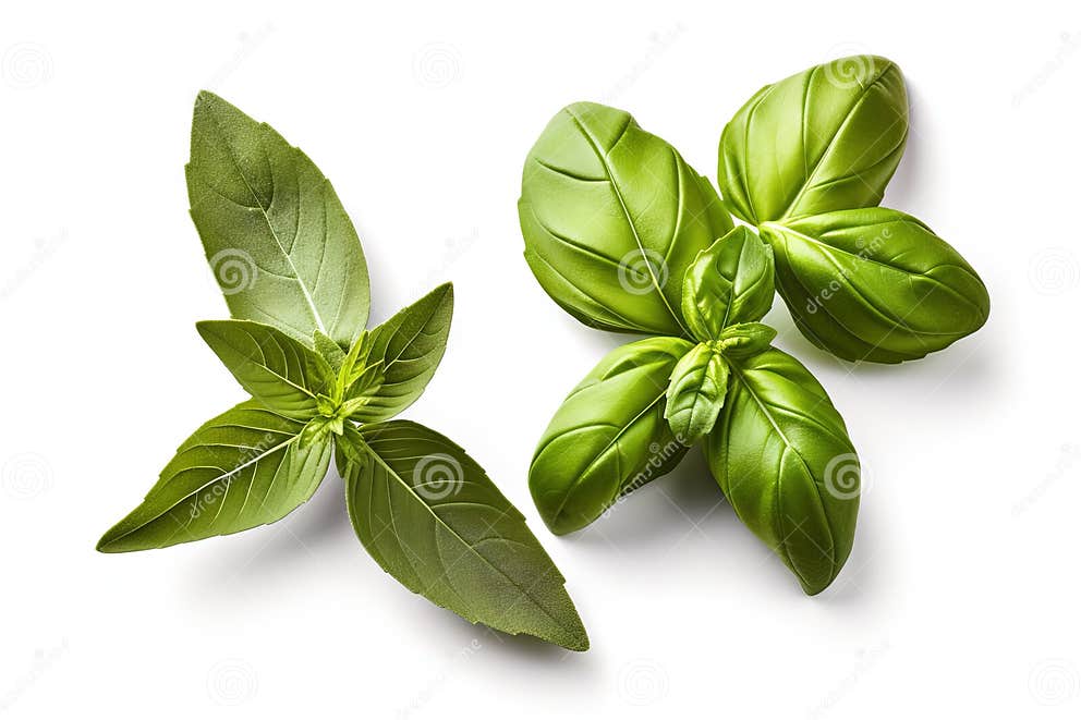 Three Green Leaves of Basil on a White Background with a Shadow of the ...