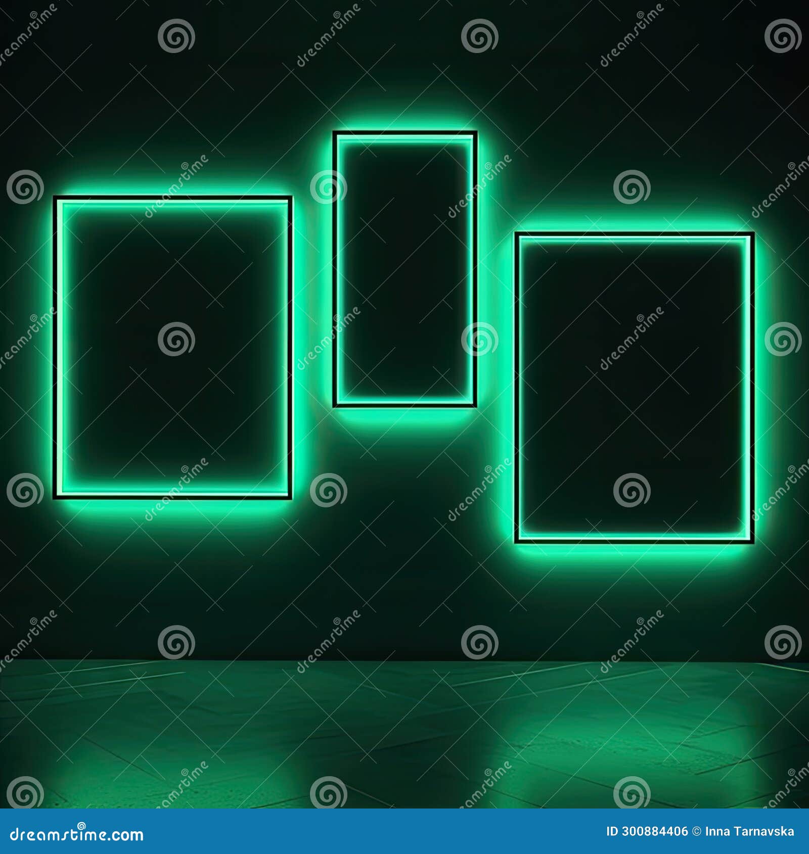 Three Green Neon Light Frames with Black Empty Blank Space for Mockup ...