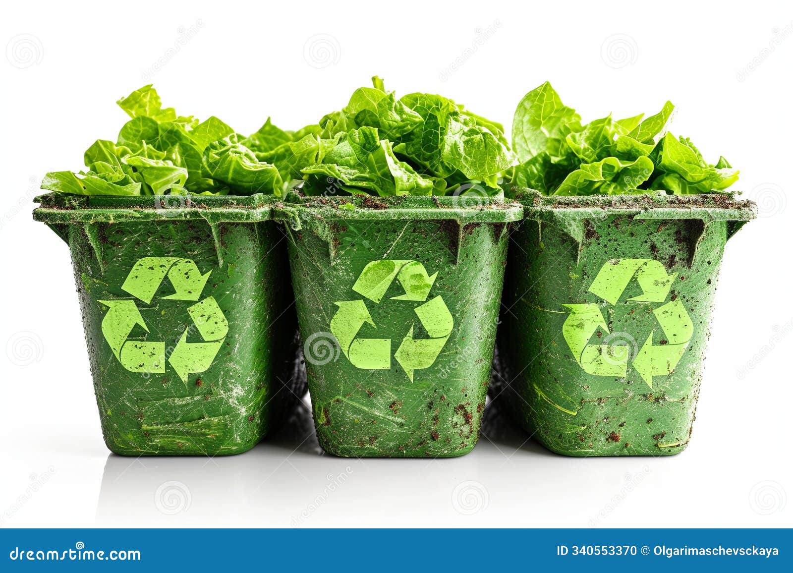 Three Green Plastic Containers with a Green Recycling Symbol on Them ...